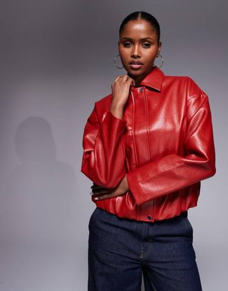 River Island Bomberjacke aus Kunstleder in Rot mit Kragen