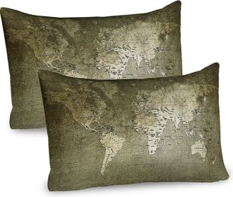 Abakuhaus Antiquit&auml;t Kissenbezug Packung mit 2, Alte Weltkarte mit gro&szlig;er Beschaffenheit nostalgischer Alter Plan-Atlas-Spur der Lebenswelt, Dekorativer Gedruck
