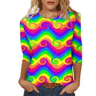 Generic Damen 3/4 Arm Shirt Bunt Regenbogen Druck T-Shirt Rundhals Oberteile 70er Jahre Hippie Kost&uuml;m Karneval Fasching Outfit Tunika Bluse Casual Streetwear