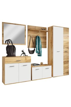 Boxxx Garderobe Irys, Wei&szlig;, Eiche Wotan, Glas, Holzwerkstoff, 5-teilig, 240x190x35 cm, Garderobe, Garderoben-Sets & Serien, Garderoben-Sets