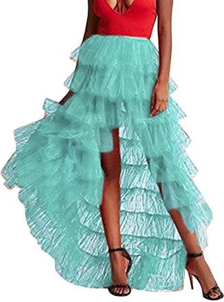 Generic Gâteau Femme Taille Haute Jupe plissée Jupe Bulle Jupe Longue Haute Basse Volants fête Jupe en Jupe Colorée