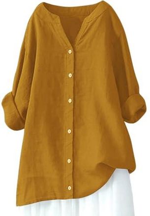 Generic Hauts d&eacute;contract&eacute;s en lin 2025 pour femme - Manches 3/4 - Col en V - Jupes transparentes surdimensionn&eacute;es en coton - Couleur unie - Manches longues - 