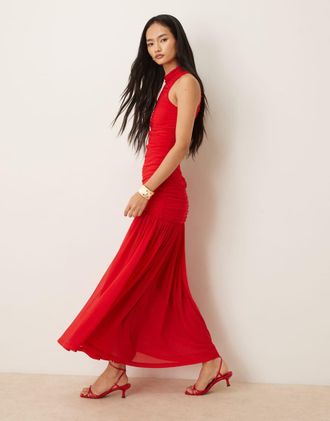 Bardot Orlana - Robe longue en tulle &agrave; col montant et taille basse - Rouge