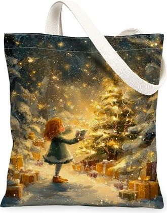 Generic Sacs fourre-tout en toile artistique vintage de No&euml;l, motifs festifs, sacs d&eacute;picerie l&eacute;gers et lavables pour le shopping, les voyages B, vert, 13x15 I