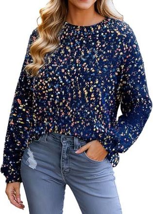 Cupshe Pull décontracté à manches longues en tricot côtelé pour femme avec pompons arc-en-ciel, bleu marine, Taille XL