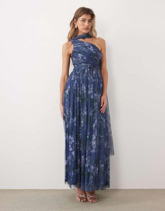 Lace & Beads robe longue en tulle asym&eacute;trique &agrave; col foulard fleurie bleu ardoise