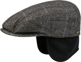 Stetson Kent Flatcap Herren Schieberm&uuml;tze Fischgr&auml;tmuster Ohrenklappen Herbst Winter grau-schwarz XXL (62-63 cm)