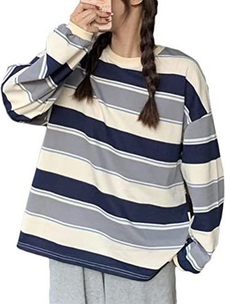 ORANDESIGNE Femme Harajuku T-Shirt à Manches Longues à Rayures Adolescente Filles Unisexe T-Shirt Ample Long Basique à Col Rond Pullover Tee Tops H Bleu XXL