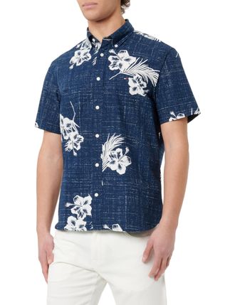 Tommy Hilfiger Herren Large Mw0Mw38063 PRT Tropical RF Shirt, Größe S/S, Blue (Night Sky Multi), XL