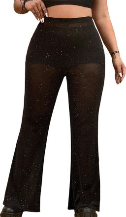SOLY HUX Damen Transparent Mesh Hose Y2K Glitzer Schlaghose Rave Party Festival Outfit Hosen Tanzhose Techno Outfit Schwarz 3XL