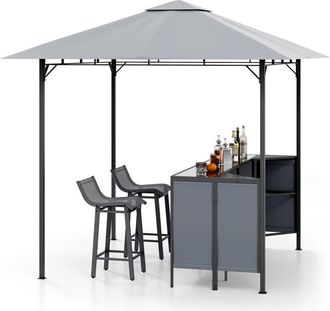 Costway Tonnelle de Bar de Patio en 3 Pi&egrave;ces 245 x 245 CM avec 2 Tabourets de Bar, Abri Barbecue Double Toit Table de Bar Porte-Verres &agrave; Vin, Gris