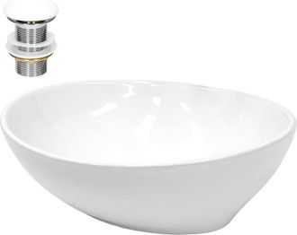 ECD Germany Waschbecken Waschtisch 410x330x142 mm aus Keramik Weiß inkl. Ablaufgarnitur für Waschbecken ohne Überlauf Aufsatzbecken Aufsatzwaschbecken Aufsatzwasc