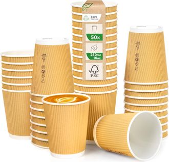 Love Nature Riffelbecher 250 ml 10 oz - Kaffeebecher to Go 50 St&uuml;ck aus Kraftpapier - Pappbecher aus braun Kraftkarton von Kaffee, Tee, hei&szlig;en und kalten Getr&auml;nke