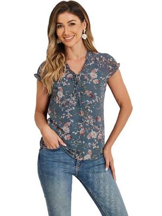 Allegra K Femmes Floral Imprim&eacute; &agrave; Volants Capuche Manche Chiffon Chemisier Top Gris Bleu S