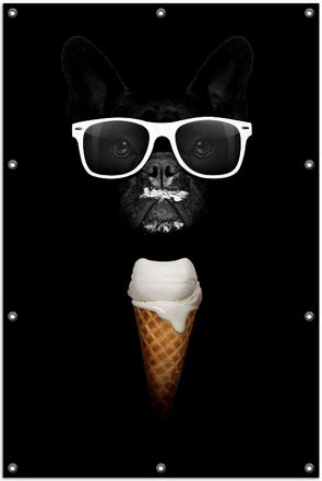 Wallario Outdoor-Poster f&uuml;r Garten oder Balkon Hund mit EIS, Motivbanner Gr&ouml;&szlig;e: ca. 100 x 150 cm, Outdoor-Bild