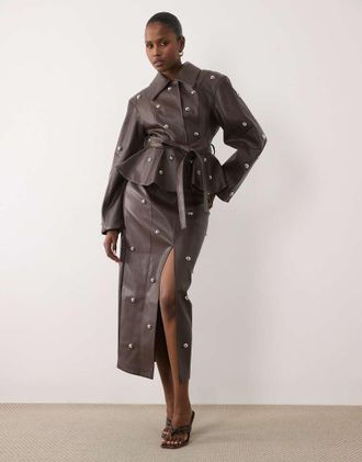 Asos Jupe crayon densemble clout&eacute;e en PU - Chocolat-Marron