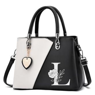 I Ihayner Sac &agrave; main en cuir pour femme avec poign&eacute;e sur le dessus et initiales personnalis&eacute;es, sac &agrave; bandouli&egrave;re de couleur contrast&eacute;e pour femme, Noir-L, M