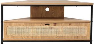 Calicosy Meuble TV dangle 1 Porte Rabattable - Cannage en Rotin - Décor Bois - Panneaux De Particules - Pieds Métal - Salon Ou Chambre - Style Exotique Et Natu