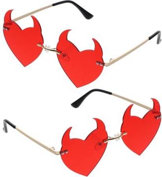 Beaupretty CONGARTENO Lot de 2 Lunettes de Soleil sans Monture de Coeur et Cornes Plastique L&eacute;ger Verres Rouges Lunettes Disco d&Eacute;t&eacute; pour F&ecirc;tes Plage et Soir&eacute;es A