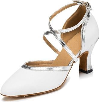 Minitoo Chaussures Sport Danse pour Femme Fermé Fête Soirée Escarpins L188 Blanc/Argent 7cm Talon EU 39.5