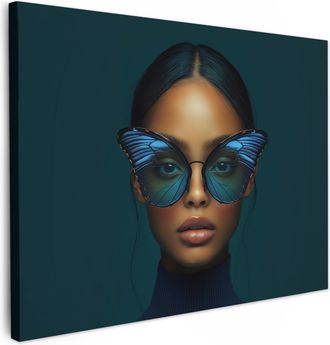 MuchoWow © Leinwand Bilder 70x50 cm Wanddeko Wohnzimmer Aesthetic Room Decor Deko Zimmer Wandbilder Modern Bild auf Leinwand Frau - Schmetterling - Brille - Bl
