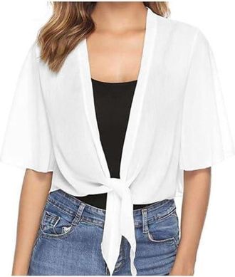 Generic Boléro cardigan dété en mousseline de soie pour femme - Boléro décontracté à manches mi-longues - Cardigan léger à nouer sur le devant - Veste courte 