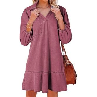 Generic Habituatl Robe en jean &agrave; col en V et manches bouffantes pour femme, col en V, manches 3/4, rose, XXL