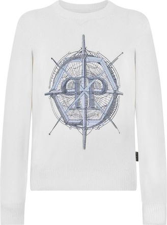 Philipp Plein Homme, Pulls, Blanc, Taille: S Round Neck Pullover Wind Rose