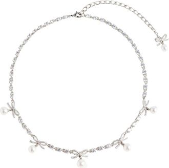 Self Portrait Crystal Bow Pearl Charm Necklace - - Accessories - Damen - Grau - ONE SIZE