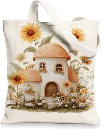 Generic Sac fourre-tout vintage en toile motif floral, sac de courses réutilisable, léger et lavable avec bandoulière pour B, crème, 13x15 Inch
