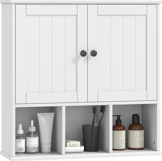 HOMCOM Farmhouse Badezimmer Wandschrank, Wandmontierter Medizinschrank mit verstellbarem Regal, offenen Fächern und 2 Türen, Aufbewahrungsorganisator über de