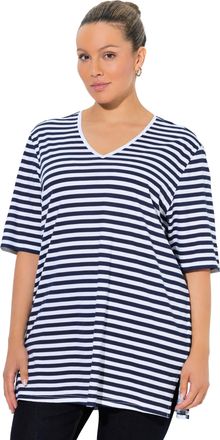 Ulla Popken Damen gro&szlig;e Gr&ouml;&szlig;en &Uuml;bergr&ouml;&szlig;en Plus Size T-Shirt, Ringel, Relaxed, V-Ausschnitt, Halbarm Marine 54+ 846539130-54+