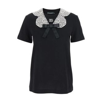 Dolce & Gabbana Schwarzes T-Shirt mit Schleife und Spitze - - Tops - Damen - Schwarzk - S