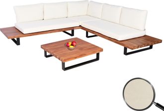 Mendler Garten-Garnitur HWC-H54, Garnitur Sitzgruppe Lounge-Set, Spun Poly Akazie Holz MVG Alu - braun, Polster cremeweiß