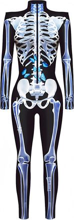 Ocean Plus Damen Halloween Skelett Digitaldruck Overall Schmal Geschnittene Lang&auml;rmlige Einteilige Strumpfhose Jumpsuit (XL, Blaues Schmetterling Skelett)