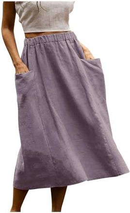 Generic Jupe midi en coton et lin pour femme, jupe dété décontractée taille haute élastique avec poches, jupes pour femmes, violet, XXL