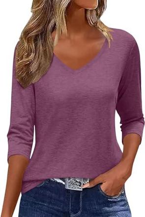 Minetom T Shirt Femme Manche 3/4 Col en V Tee Shirt Coupe Classique Ample Léger Printemps été Automne Basic Top A Rouge vin XL