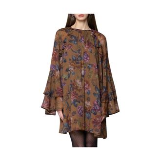 Kaos Kaos - Robe Courte Fleurie &agrave; Col Rond - Femme - Robes - Brun - Taille: 40 FR