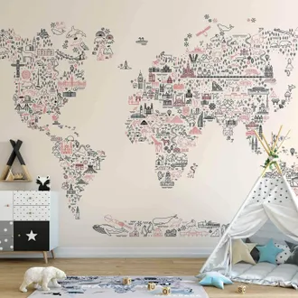 OEM Sfondo Fotografico - Mappa Di Icone - Una Rappresentazione A Fumetti Del Mondo In Colori Pastello