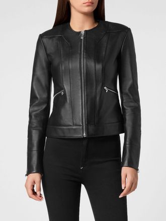Philipp Plein Blouson biker court en cuir de veau lisse coupe slim