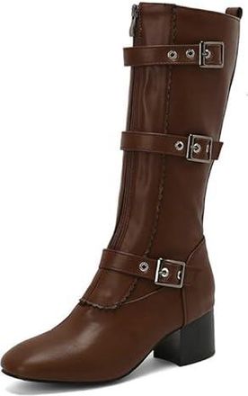 Generic Bottes d&eacute;quitation confortables avec fermeture &eacute;clair sur le devant et sangles &agrave; boucle pour femme - Bout carr&eacute; - Talon bloc bas, marron, 40.5 EU