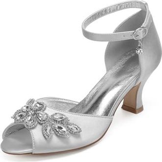 Generic Chaussures Femme Mariage Satinée Kitten Heels Escarpins Open Toe High Heels Mariée Bas Sandales 6.5Cm,Argent,38 EU