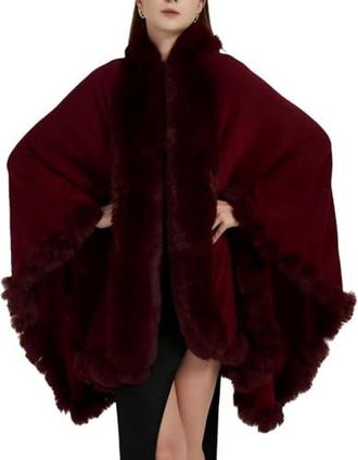 Generic Cardigan en Fausse Fourrure de Renard Cape ch&acirc;le enveloppe Une Cape surdimensionn&eacute;e Poncho dhiver (Bourgogne,Taille Unique)