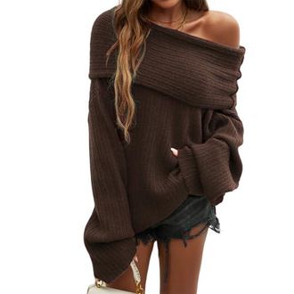 Generic Pull surdimensionné à épaules dénudées pour femme, col bateau à manches longues, pull en tricot côtelé, haut décontracté à col rabattable, marron, XL