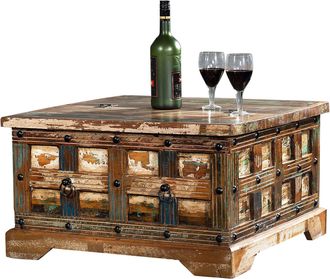 The Wood Times Couchtisch Tisch Massiv Vintage Look Delhi Holz FSC Recycled, LxBxH 70x70x40 cm