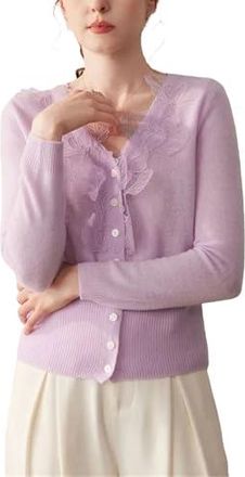 Generic Cardigan ouvert &agrave; col en V en dentelle cachemire pour femme, Violet Taro, M