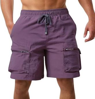 Generic Short cargo pour homme, multi-poches, taille &eacute;lastique, uni, l&eacute;ger, d&eacute;contract&eacute;, cordon de serrage, l&eacute;ger, pour le travail, la randonn&eacute;e, avec poches 