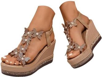 Generic Sandales d&eacute;t&eacute; confortables pour femme avec sangle &eacute;lastique et strass - Bout ouvert - Sandales plates d&eacute;contract&eacute;es &agrave; bout ouvert - Sandales compens&eacute;e