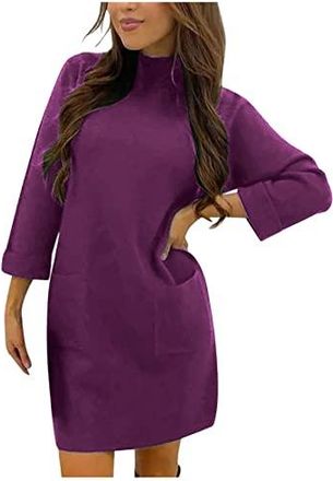 Generic Robes amincissantes 2026 pour femmes, chandails &agrave; manches longues, col roul&eacute; l&eacute;ger, surdimensionn&eacute;, couleur unie, robe pull midi avec poches, violet, 