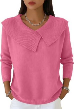 Generic Pull &agrave; col en V pour femme en cachemire &agrave; manches longues et col en tricot c&ocirc;tel&eacute; pour lautomne et lhiver, rose, XXL